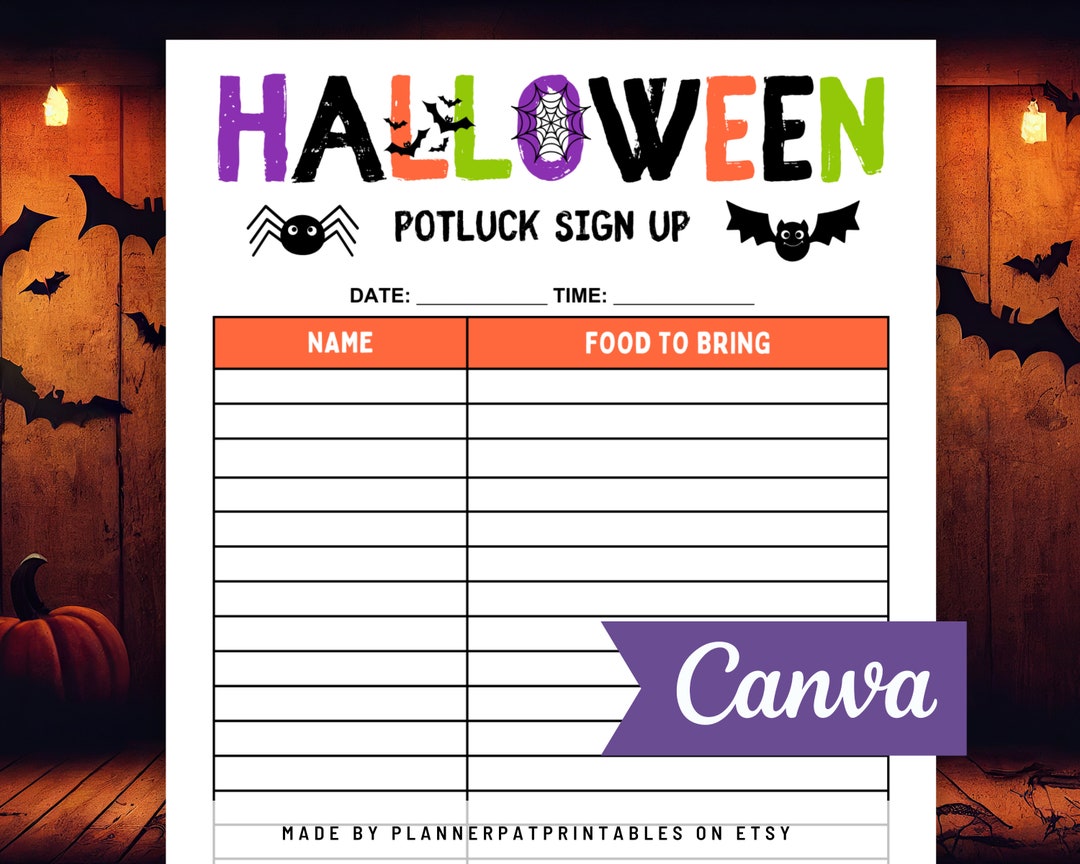 Halloween Potluck Sign up Sheet Printable for Fall Potluck Party, Canva ...