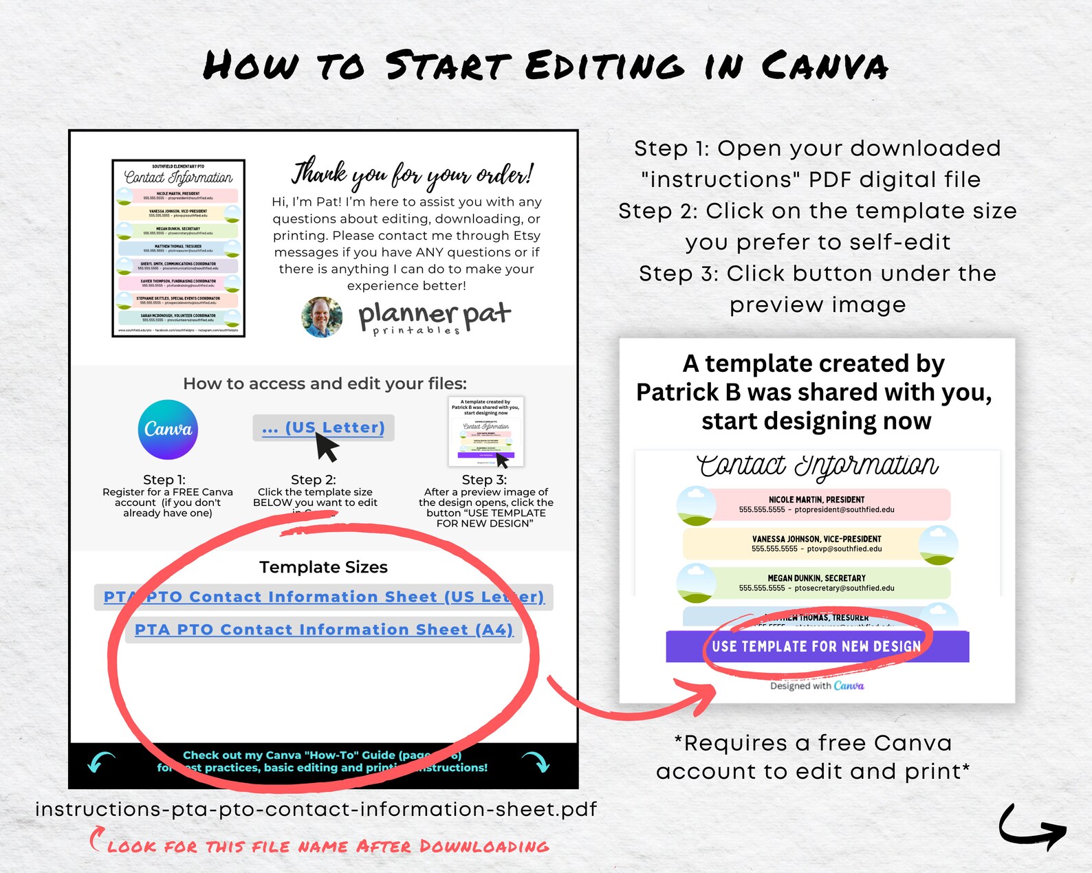 Editable PTA PTO Contact Sheet Template: Canva Printable (digital ...