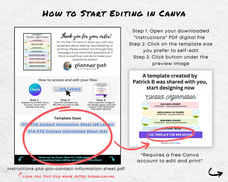 Editable PTA PTO Contact Sheet Template: Canva Printable (digital ...