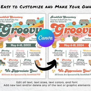 Groovy Teacher Appreciation Week Itinerary Flyer: Retro 60s 70s (canva ...