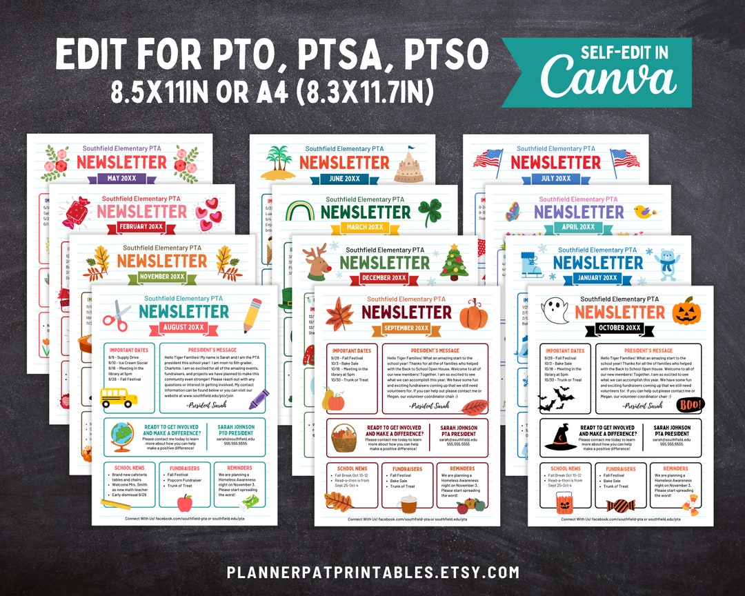 Editable PTA PTO Newsletter Bundle | 12 School Communication Canva ...