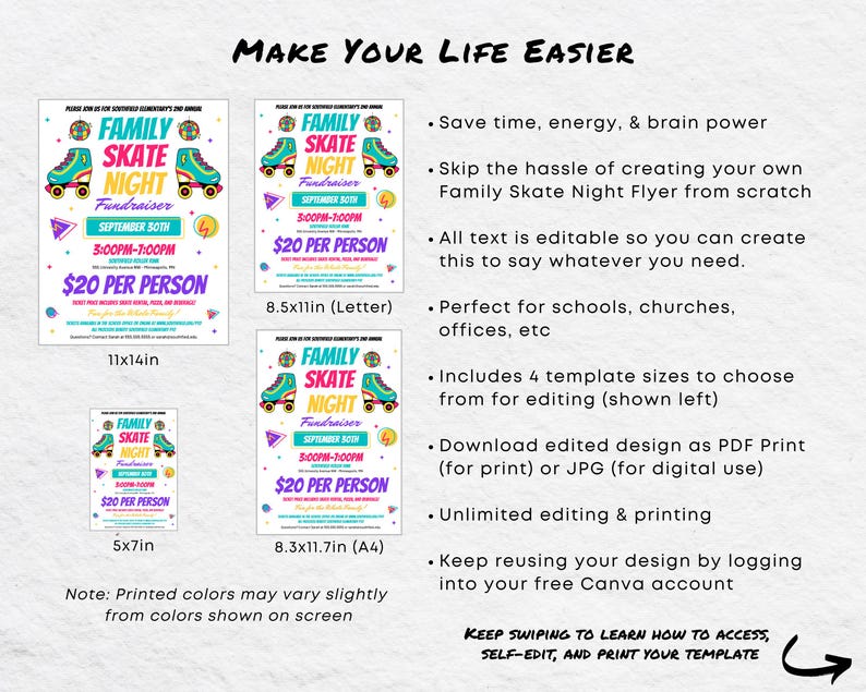 Editable Family Skate Night Flyer Template: Roller Skating Fundraiser ...