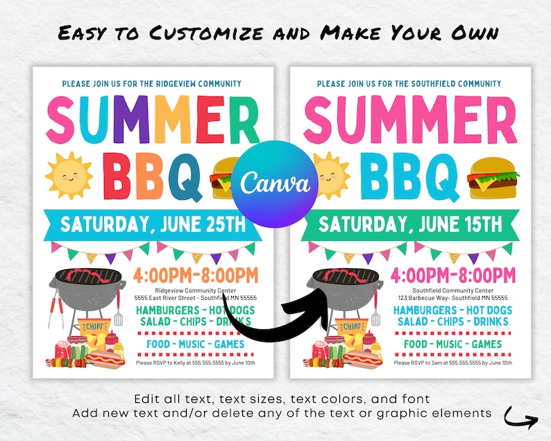 Summer BBQ Party Flyer Editable Template, DIY Cookout Invitation, Canva ...