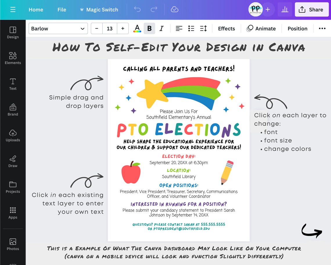 Editable PTA PTO Elections Volunteer Board Member Flyer Template (canva ...