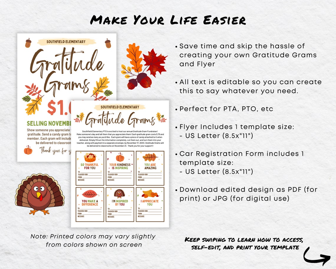 Editable Thanksgiving Gratitude Grams & Flyer Template (canva) - Etsy