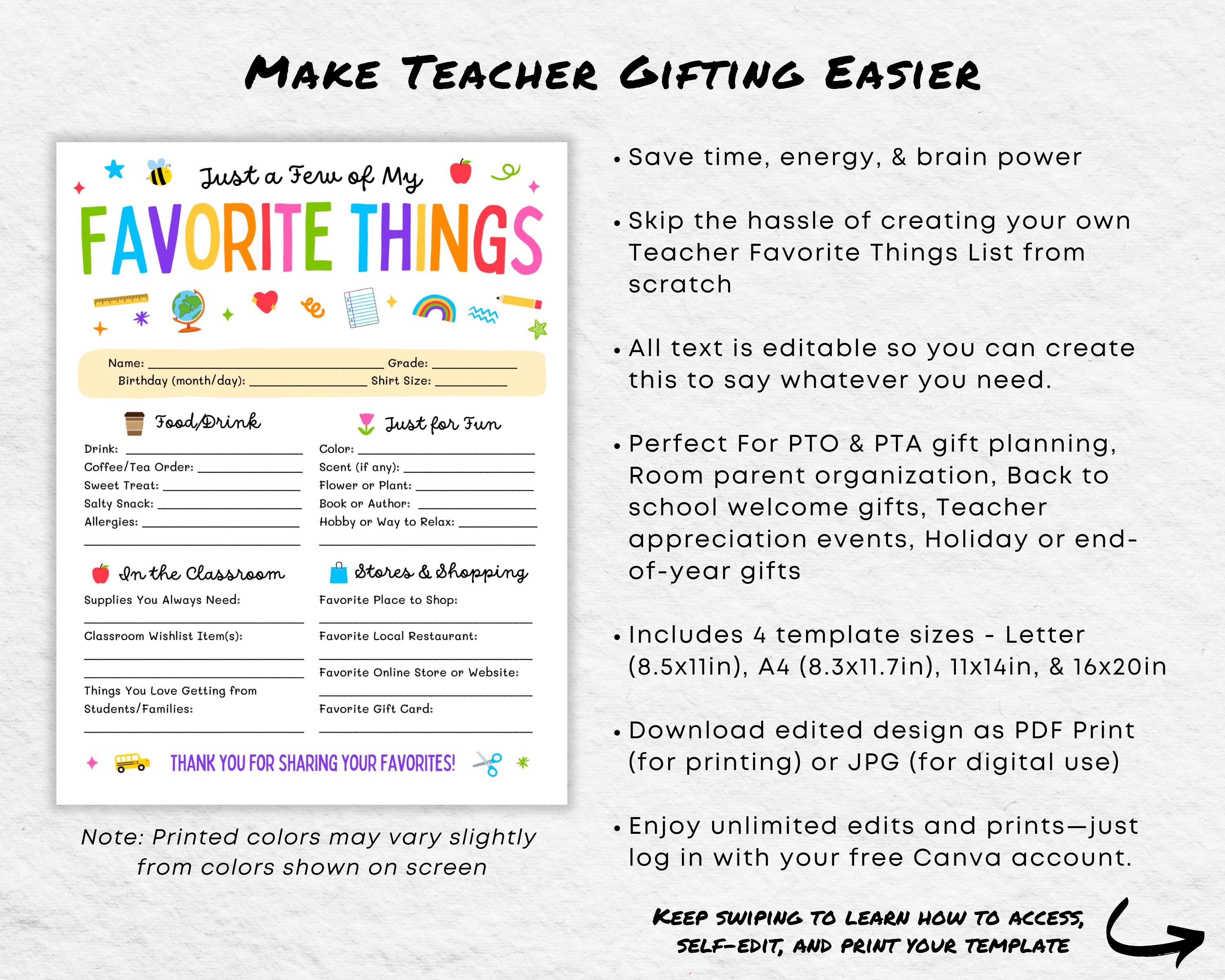 Teacher Favorite Things List: Appreciation Gift Questionnaire ...