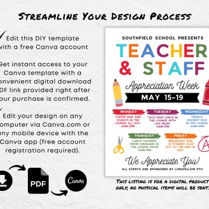 Editable Teacher & Staff Appreciation Week Flyer Itinerary Canva ...