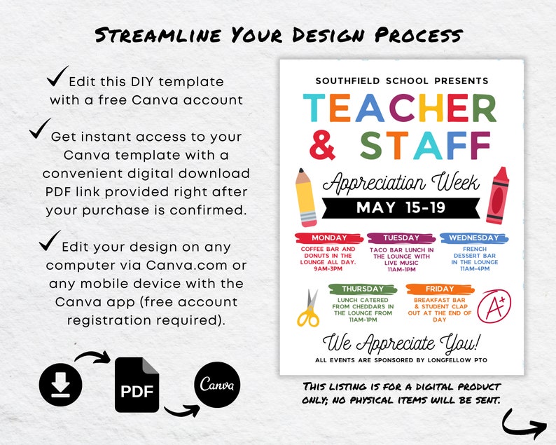 Editable Teacher & Staff Appreciation Week Flyer Itinerary Canva ...