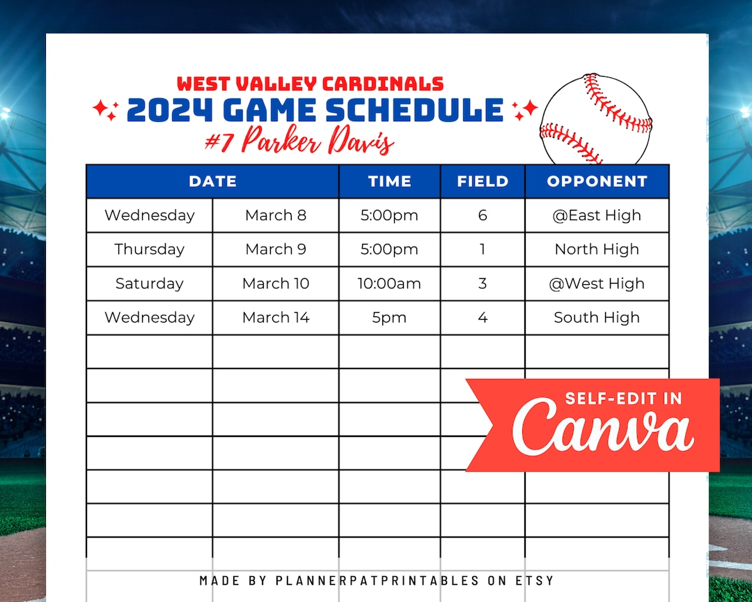 Editable 2024 Baseball Team Schedule Template, Game & Practice Calendar ...