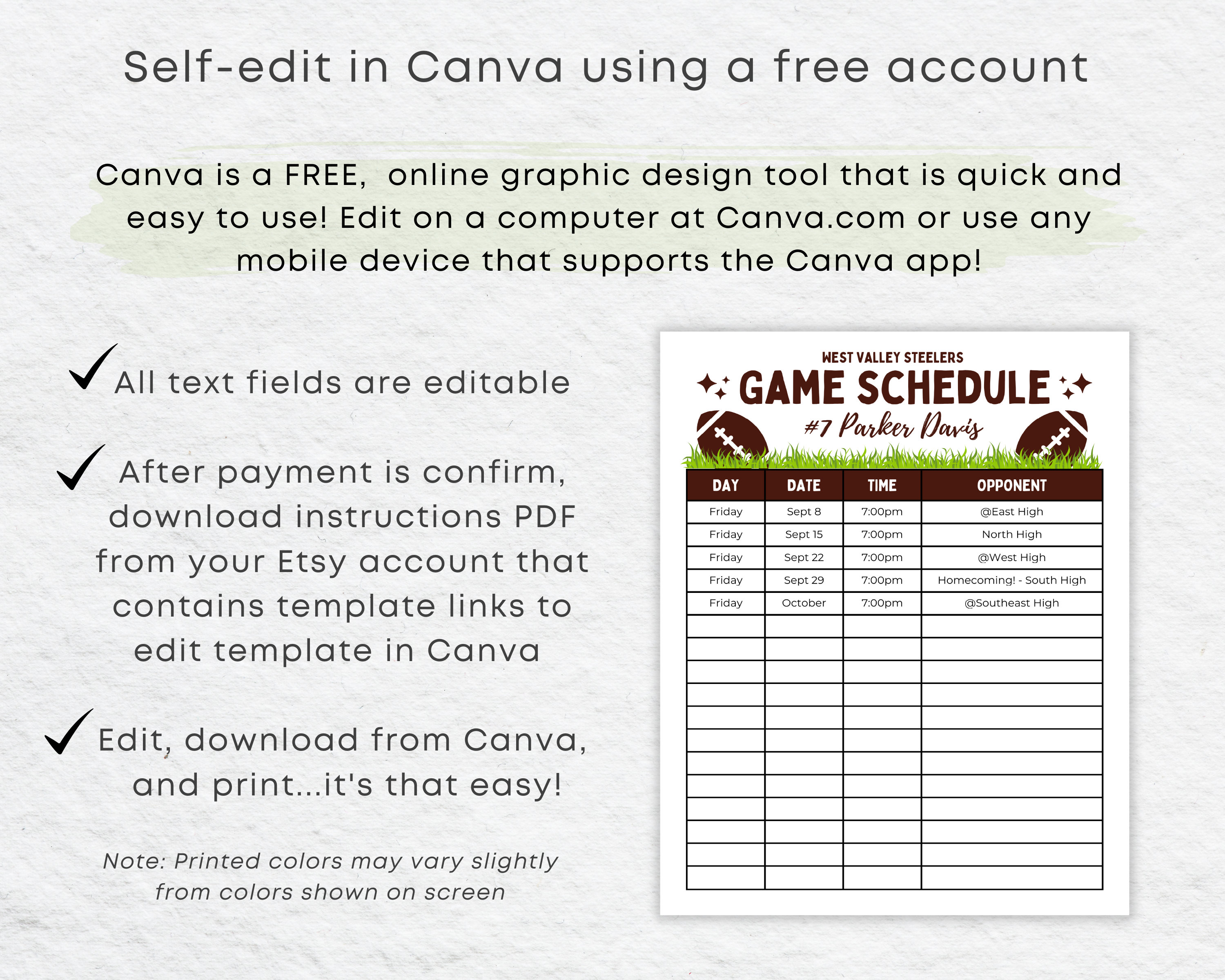 Editable Football Schedule Template | Practice & Game Calendar for ...