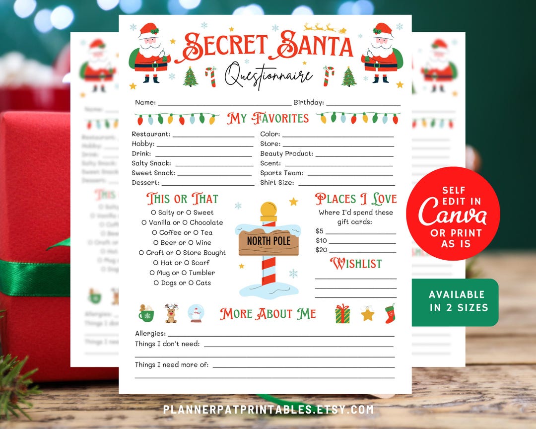 Secret Santa Questionnaire Printable, Christmas Gift Exchange Favorites ...