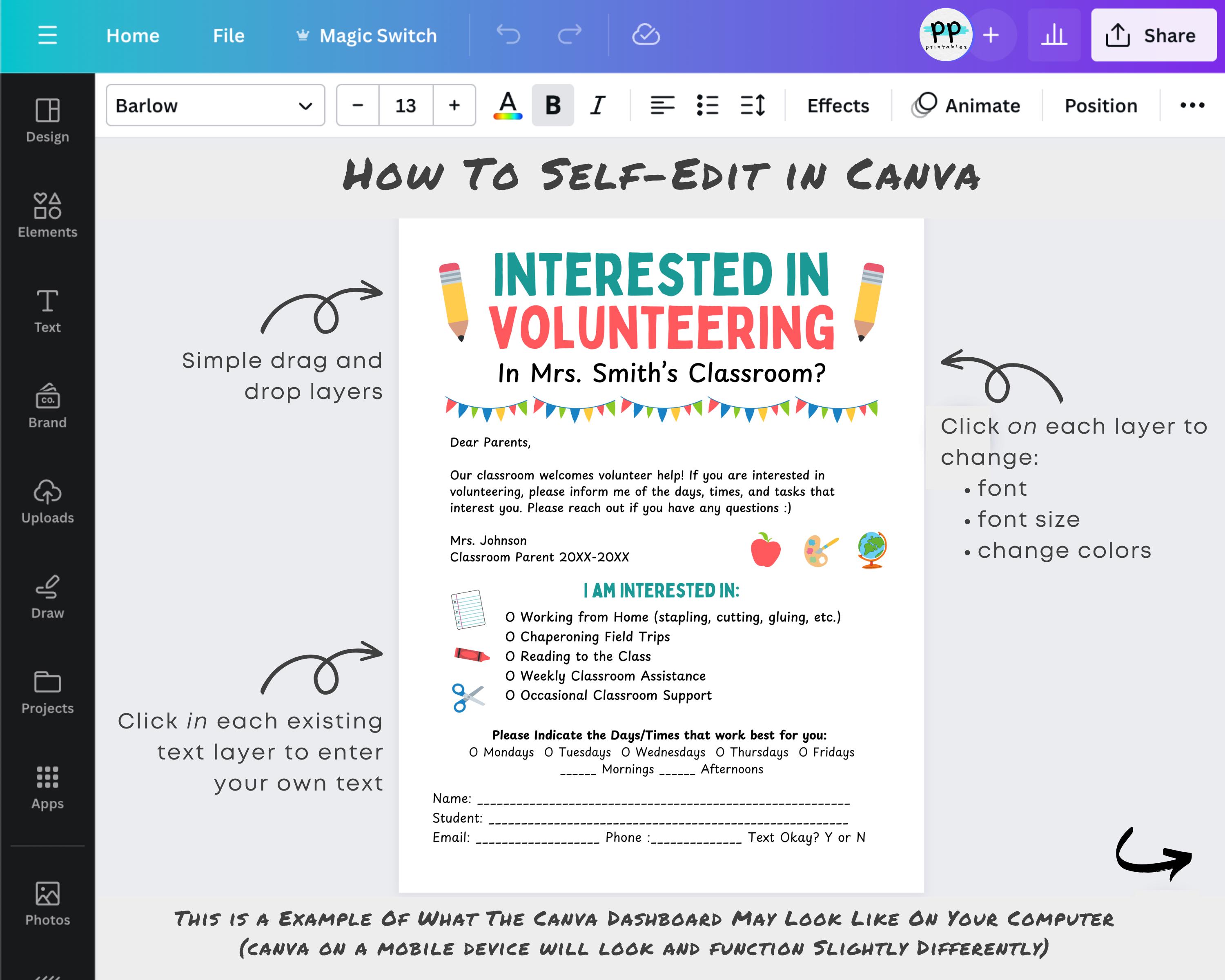 DIY Teacher Classroom Volunteer Form Printable Letter - Editable Parent ...