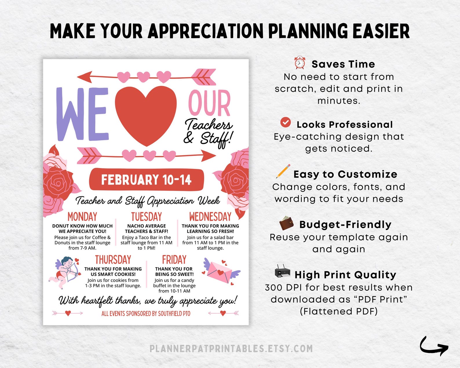 Valentines Teacher & Staff Appreciation Week Schedule Flyer | Editable ...