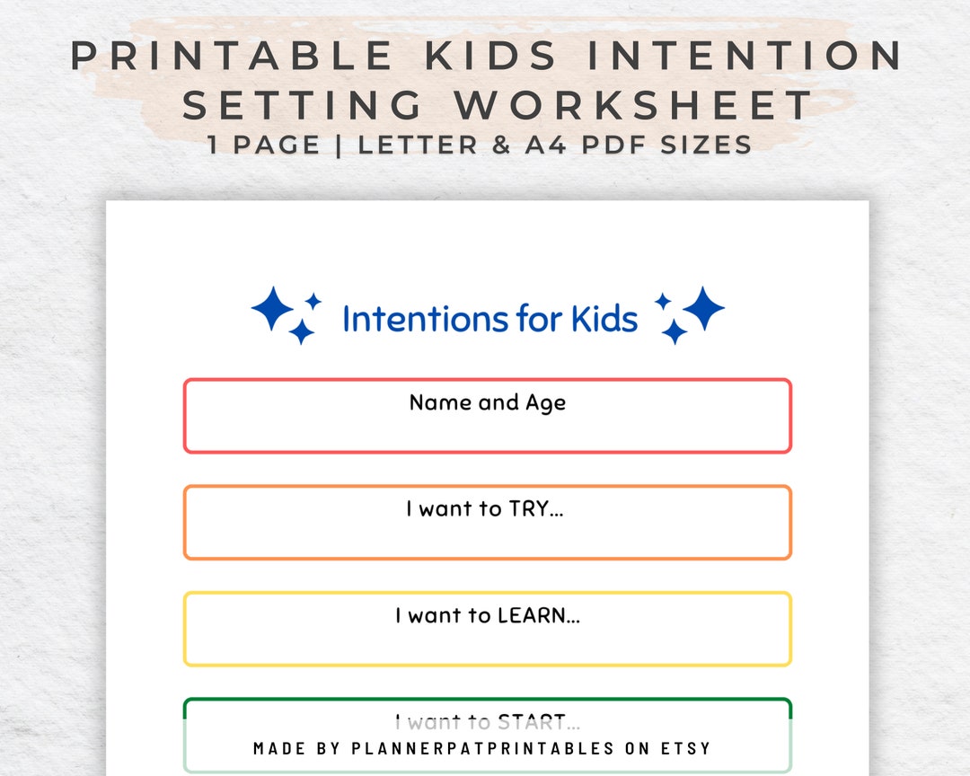 2023 Kids Intentions Worksheet Printable Kids Goal Setting - Etsy