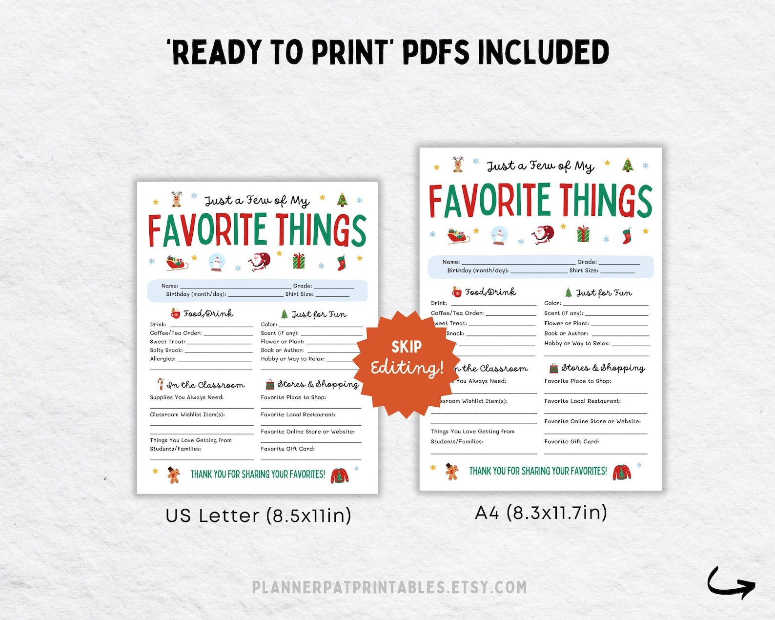 Christmas Teacher Favorite Things List: Editable Gift Questionnaire ...