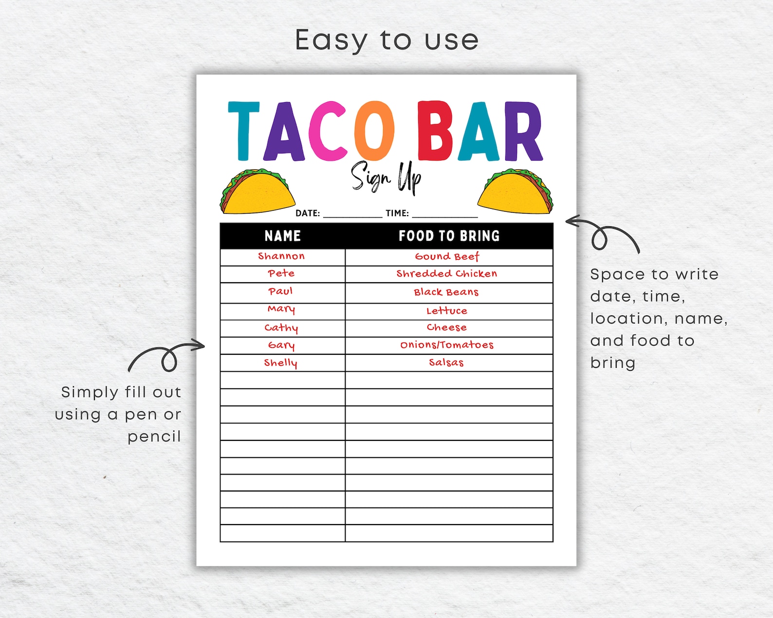 Taco Bar Sign up Sheet Printable for Mexican Fiesta Potluck Party ...