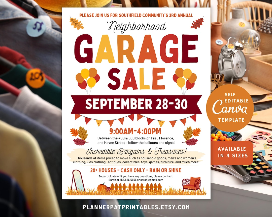 Fall Neighborhood Garage Sale Flyer Editable Printable for Community ...