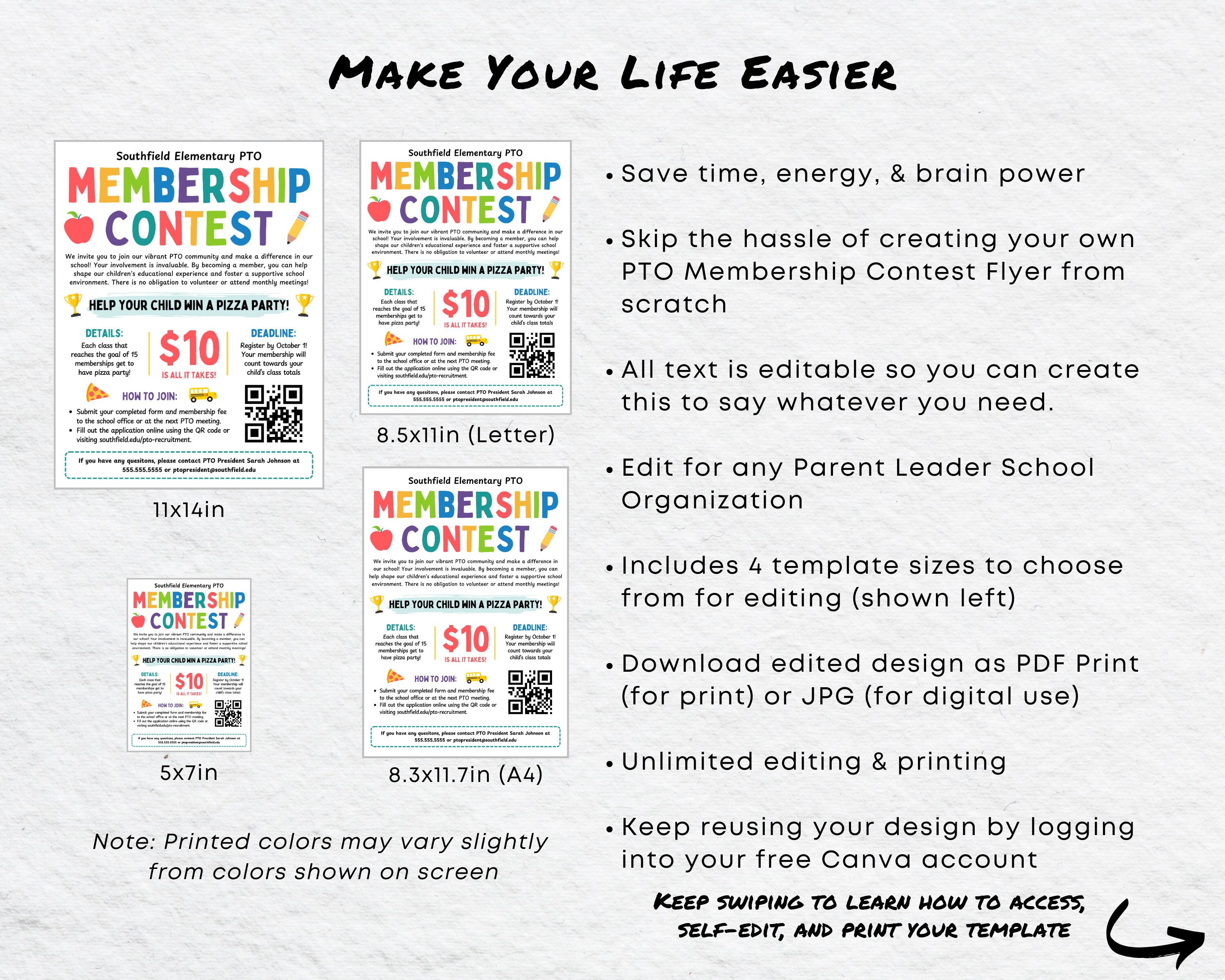 PTO Membership Contest Flyer Template: Editable Canva PTA Recruitment ...