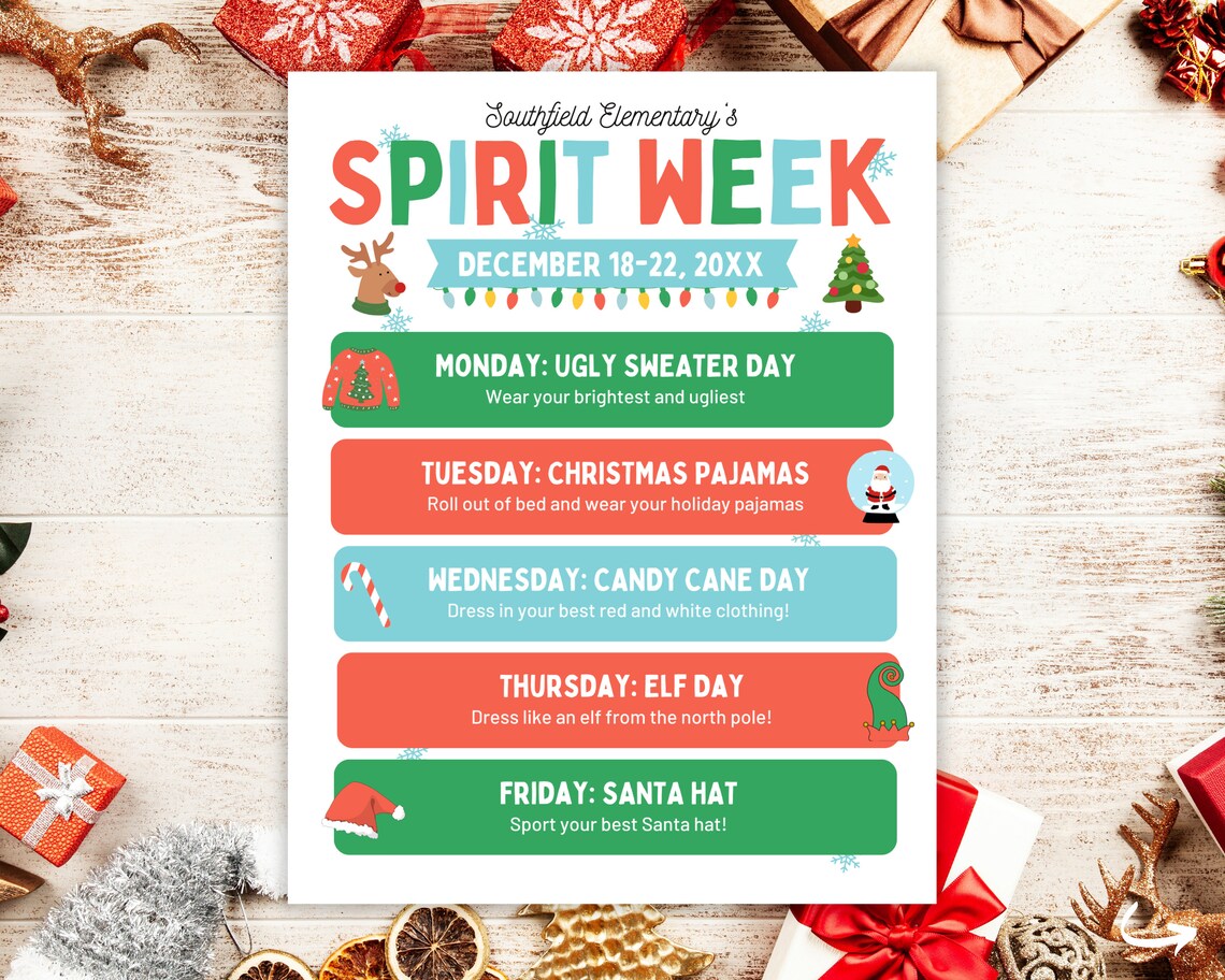 Editable Christmas Spirit Week Flyer: Holiday Dress up Schedule (canva ...