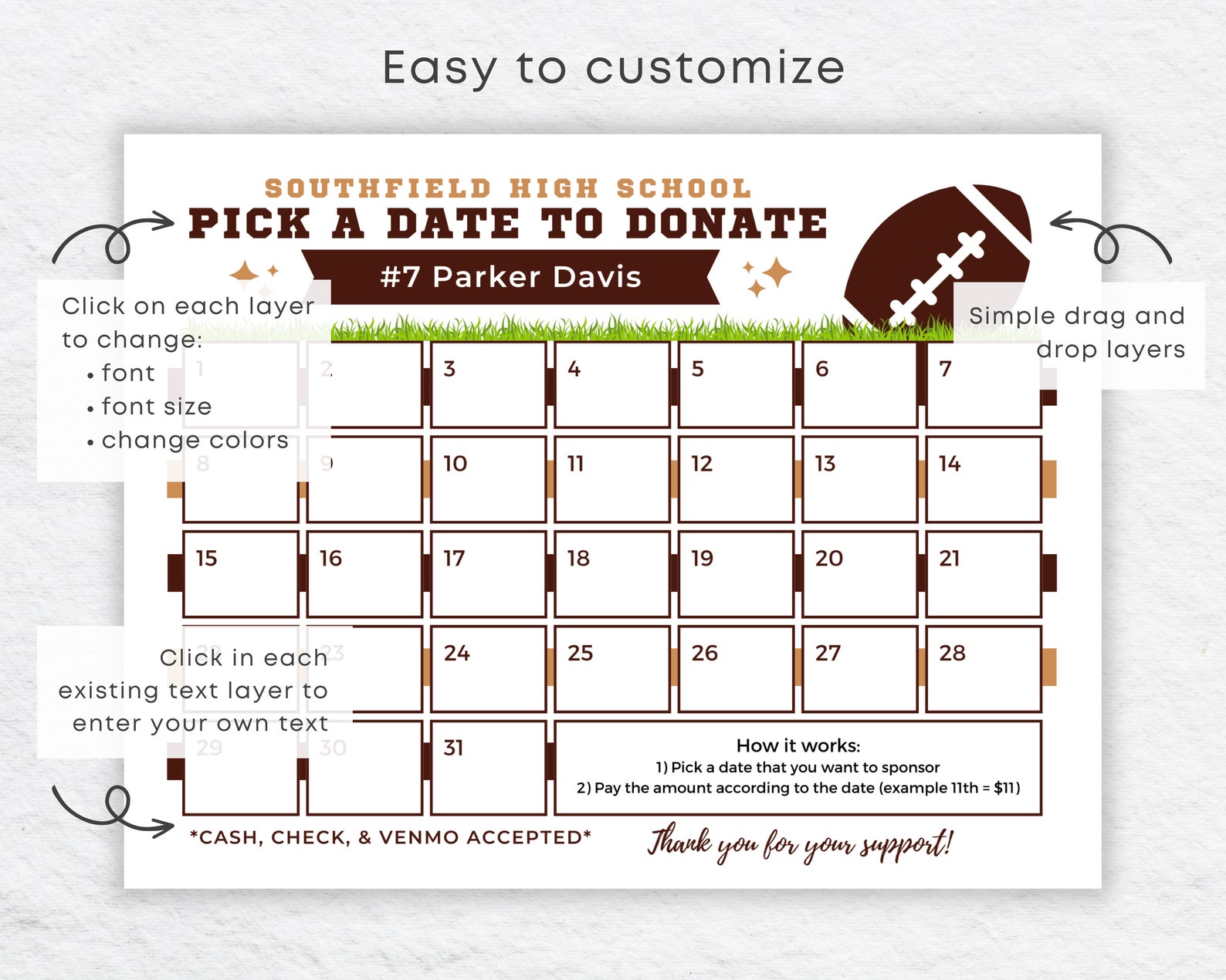 Editable Football Donation Calendar | Pick a Date to Donate Fundraiser ...