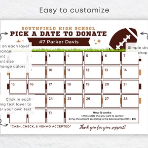 Editable Football Calendar Pick A Date to Donate Fundraiser Canva ...