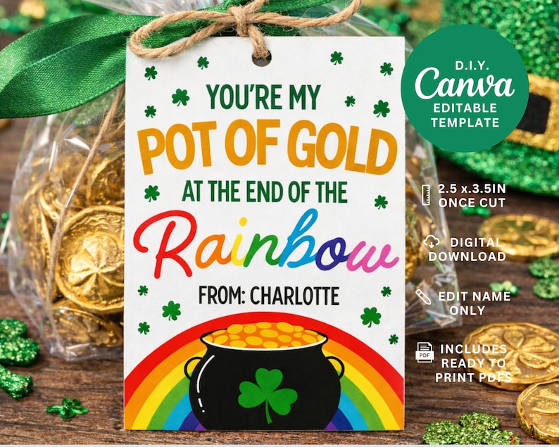 St Patrick’s Pot of Gold Gift Tag | Editable Rainbow Treat Label ...