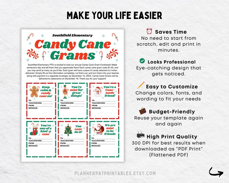 Editable Christmas Candy Cane Grams | School Fundraiser Notes (canva ...