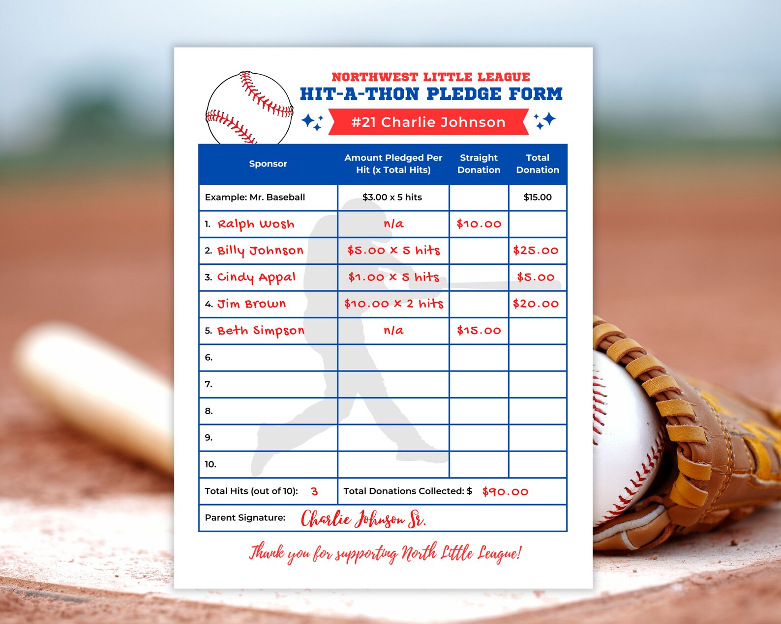 Editable Baseball Hit-a-thon Fundraiser Pledge Sheet Canva - Etsy