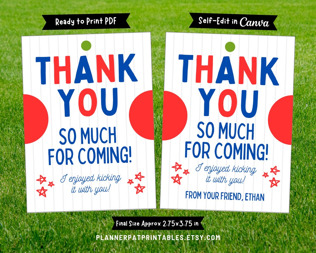 Printable Kickball Birthday Thank You Tags PDF - Sports Party Tag Canva ...