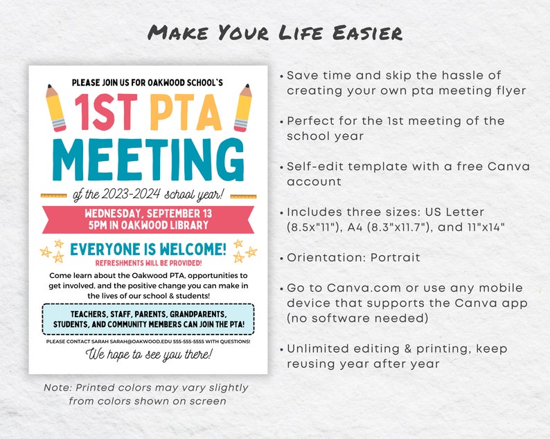 Editable PTO PTA Meeting Flyer Template Back to School 1st - Etsy Australia