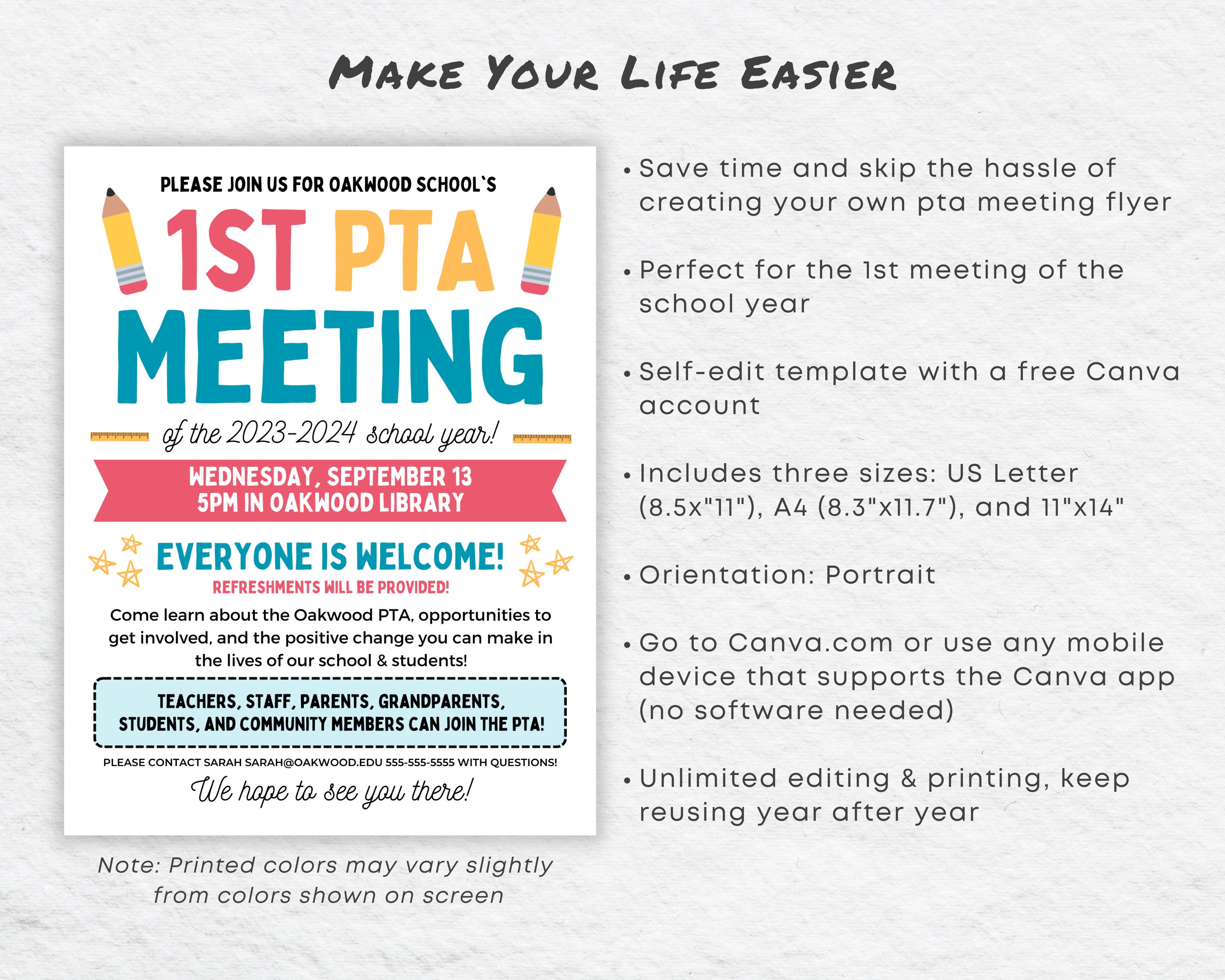 PTO PTA Meeting Flyer Editable Template for Back to School 1st - Etsy UK