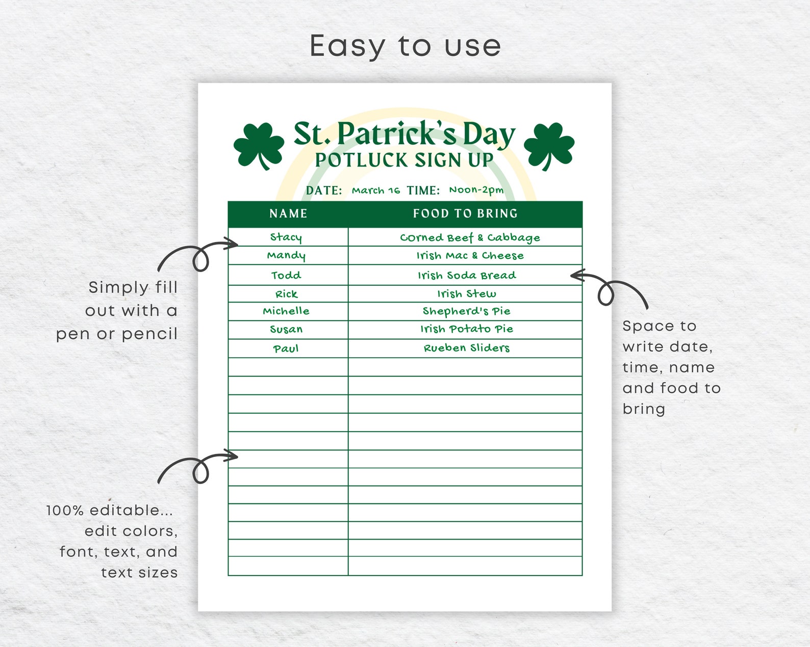 Editable St Patricks Potluck Sign up Sheet, Printable Party Food List ...