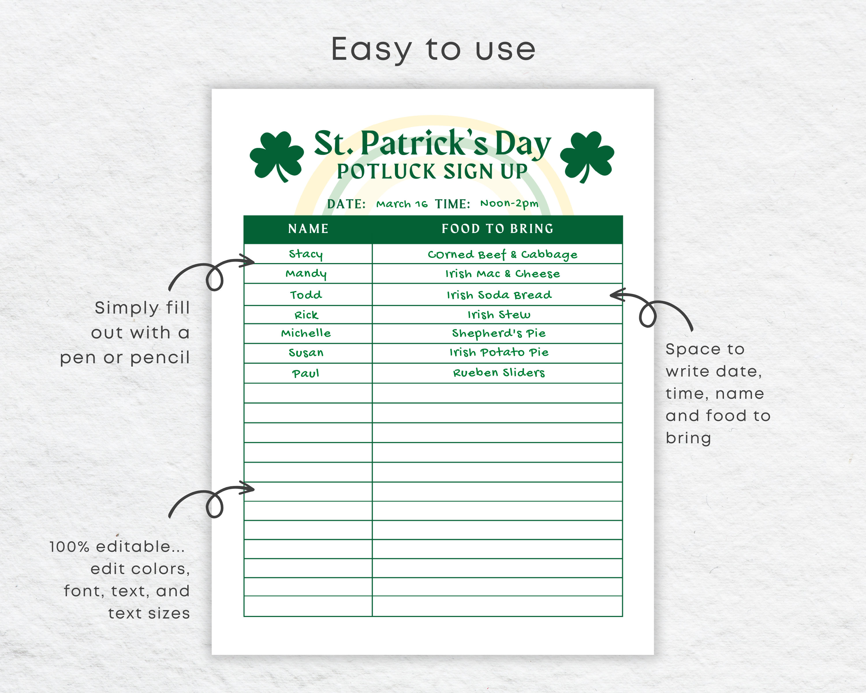 Editable Potluck Sign up Sheet Printable for St Patricks Day - Etsy UK