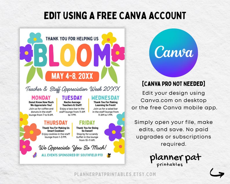 Editable Bloom Theme Teacher & Staff Appreciation Week Flower Itinerary ...