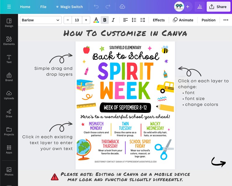 Editable Spirit Week Flyer Template: Back to School Theme Days (canva ...
