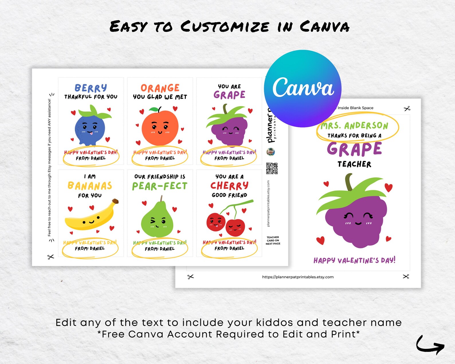 Fruit Valentine Cards for Kids, Punny School Exchange Tags, Editable ...