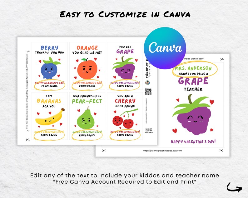 Fruit Valentine Cards for Kids, Punny School Exchange Tags, Editable ...