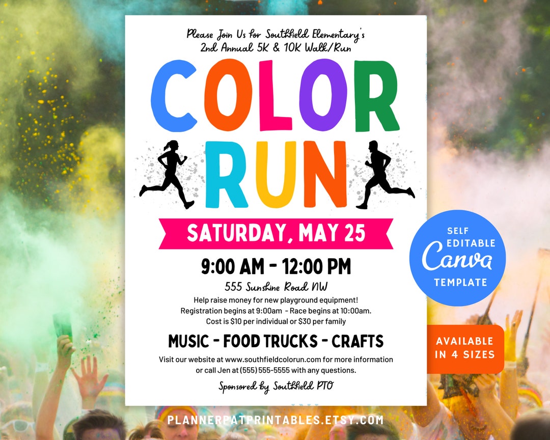 Editable Color Run Flyer Printable, Colorful 5k 10k Run Walk Invitation ...