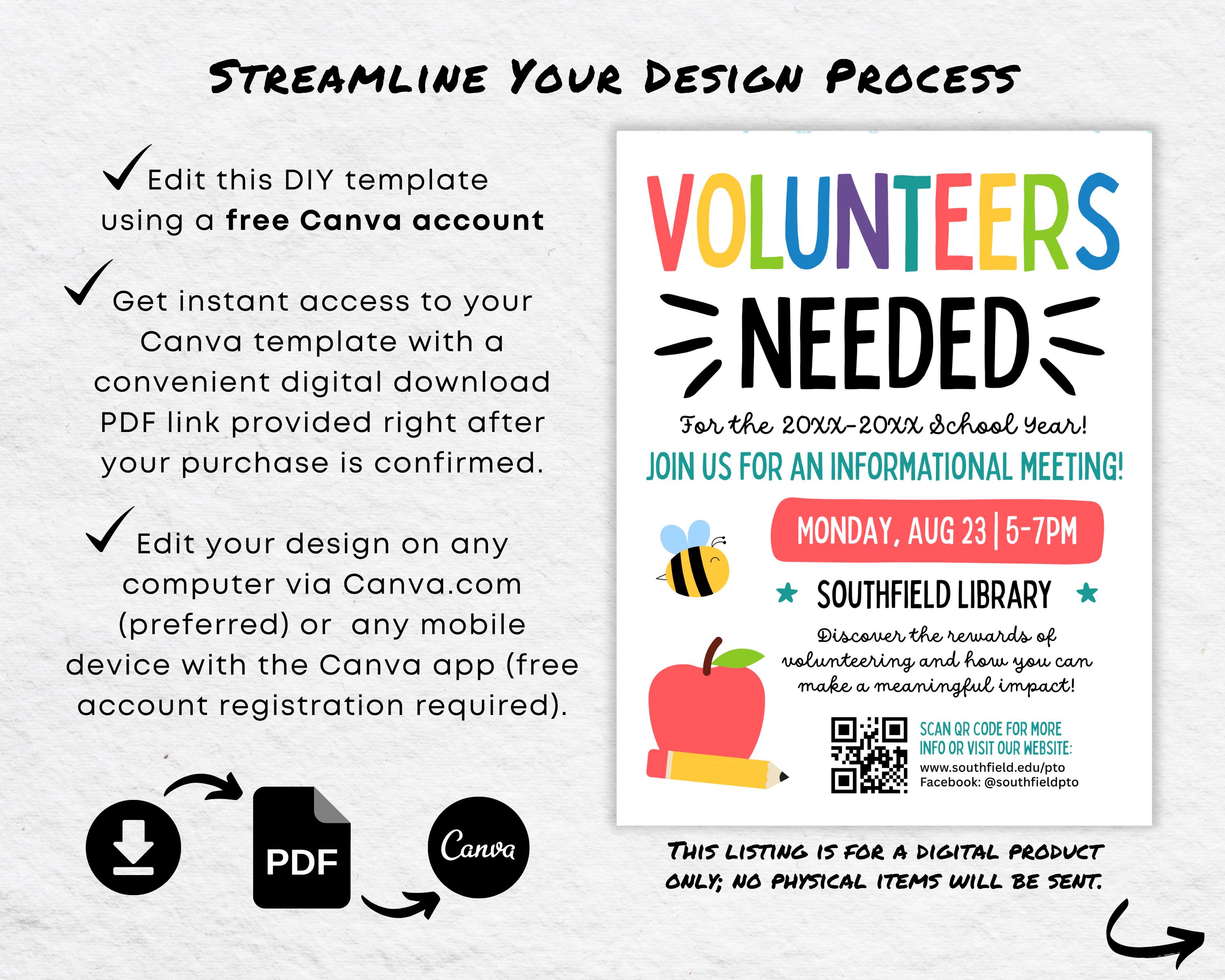 PTA PTO Volunteers Needed Flyer: Canva School Recruitment Event ...