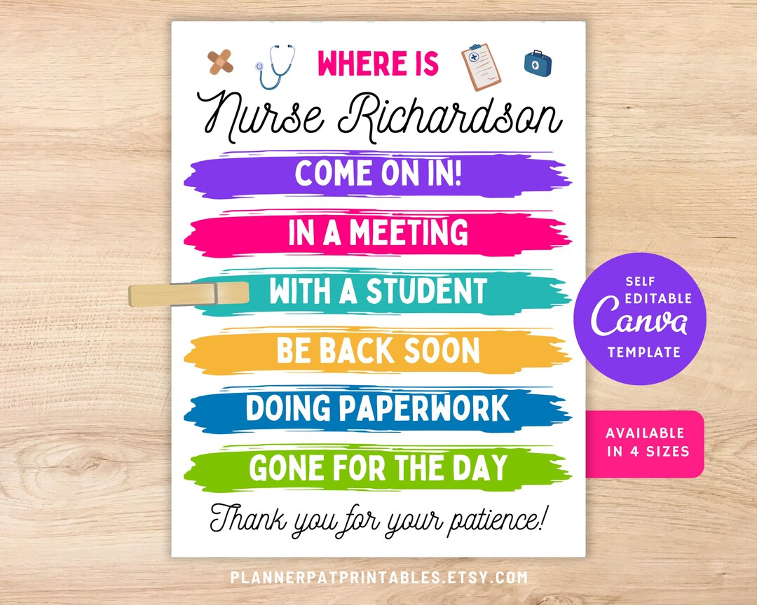 Editable Where is the Nurse Sign Printable, Office Door Flyer Template ...