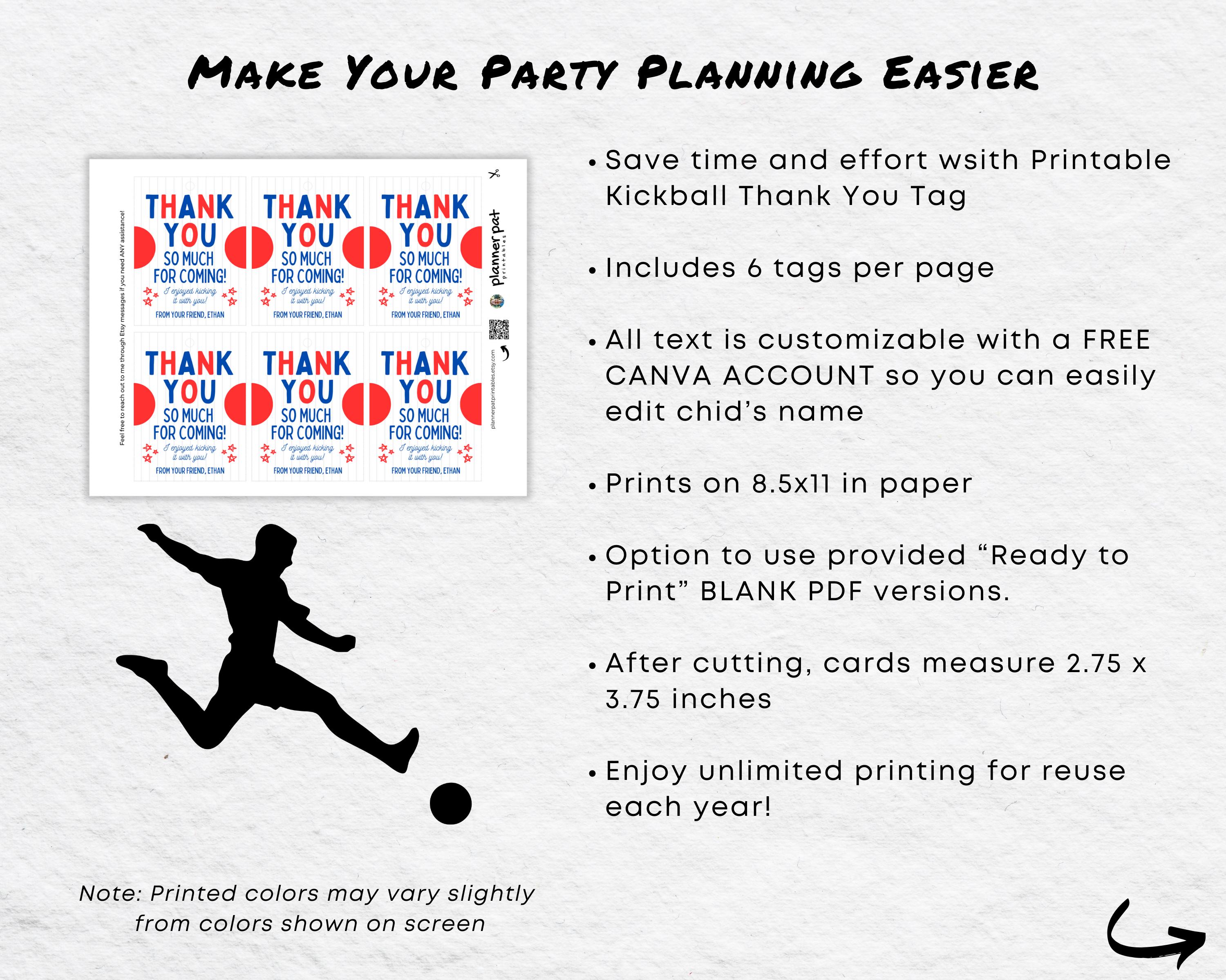 Printable Kickball Birthday Thank You Tags PDF - Sports Party Tag Canva ...