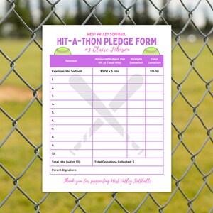 Editable Softball Hit-a-thon Fundraiser Form Pledge Sheet Canva ...