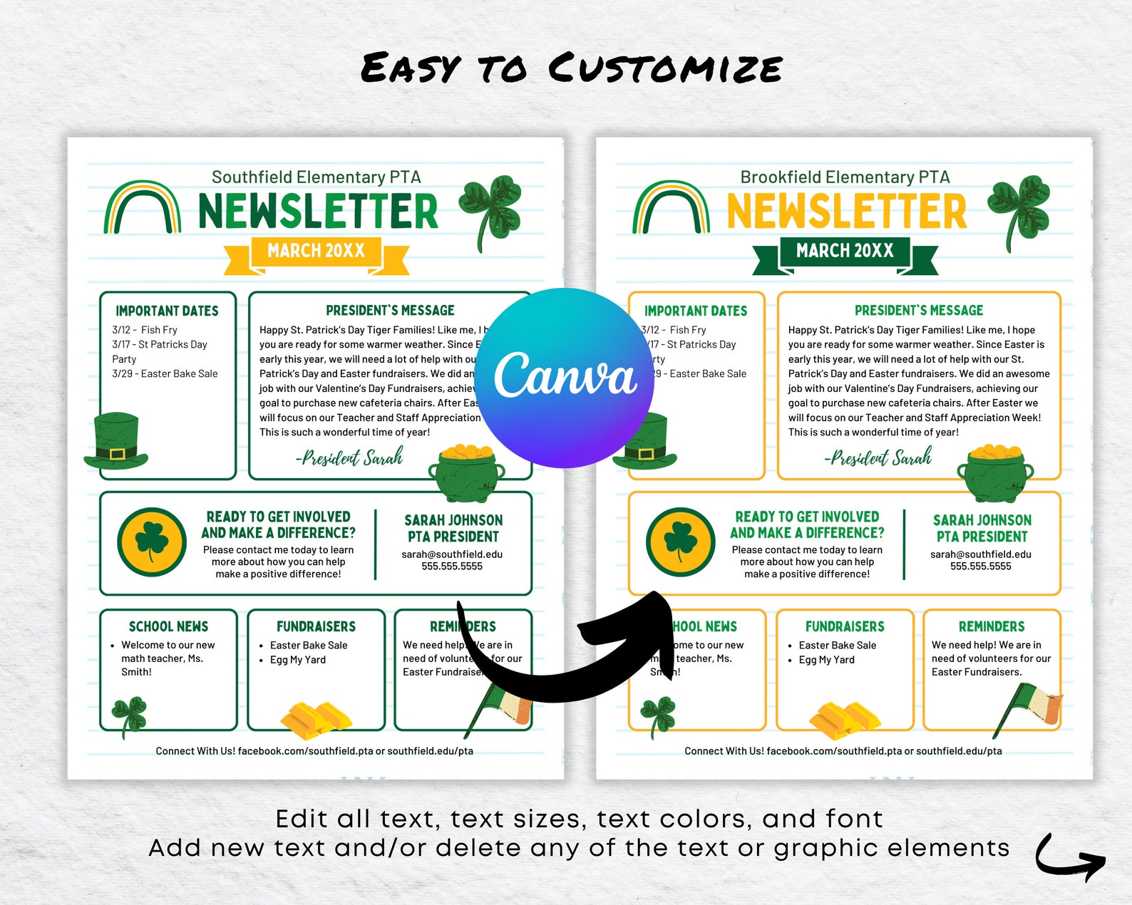 Editable March Newsletter Template, St Patricks PTO PTA School News ...