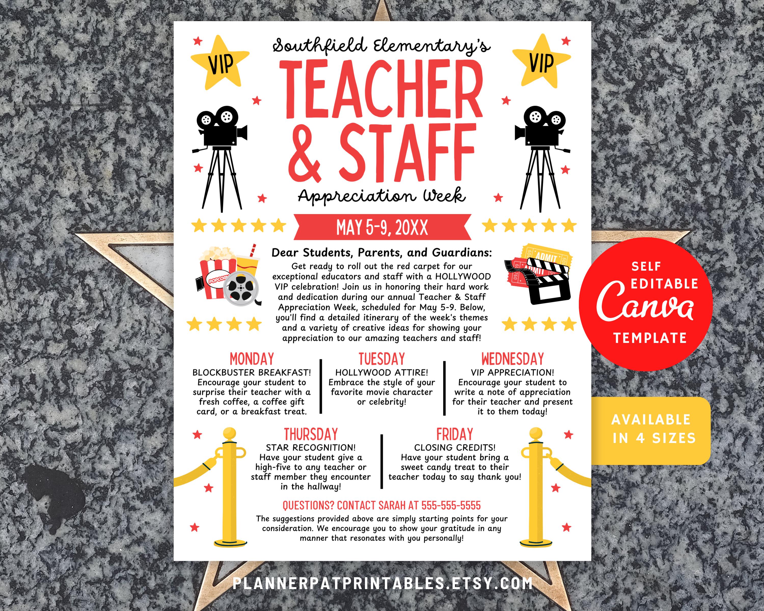 Hollywood Teacher Appreciation Week Parent Newsletter Flyer (canva ...
