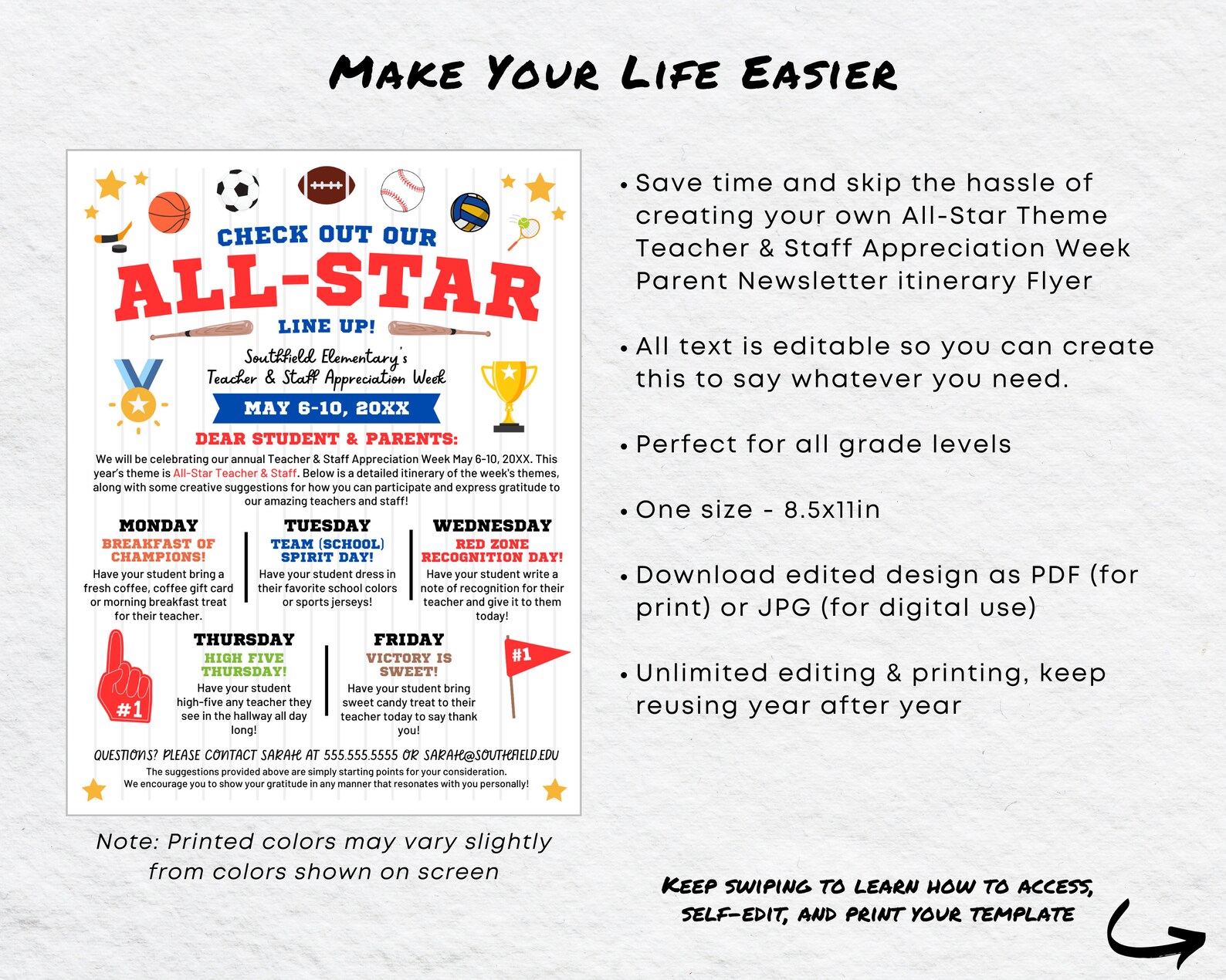 Editable Sports All Star Theme Parent Newsletter Itinerary Flyer for ...