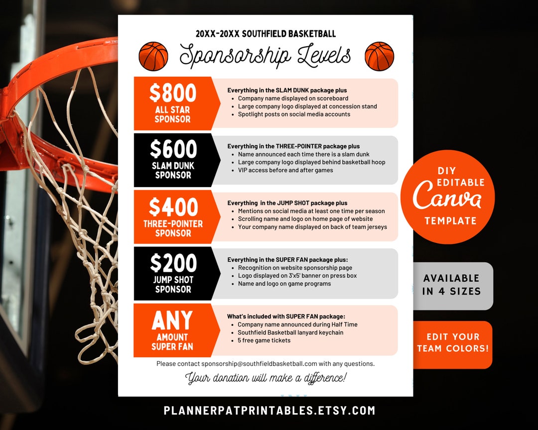 Basketball Sponsorship Levels Form Template, Editable Sponsor My Season ...