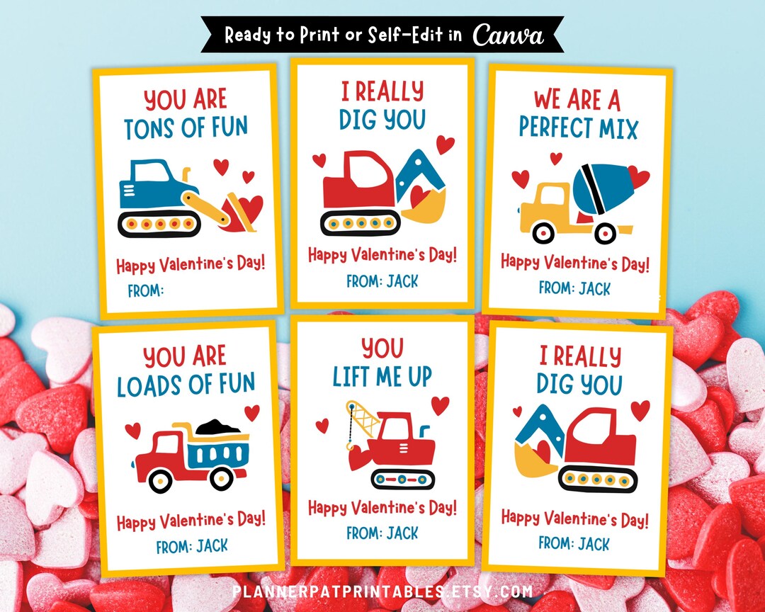 Printable Kids Construction Valentine Cards Set, Classmate Exchange PDF ...