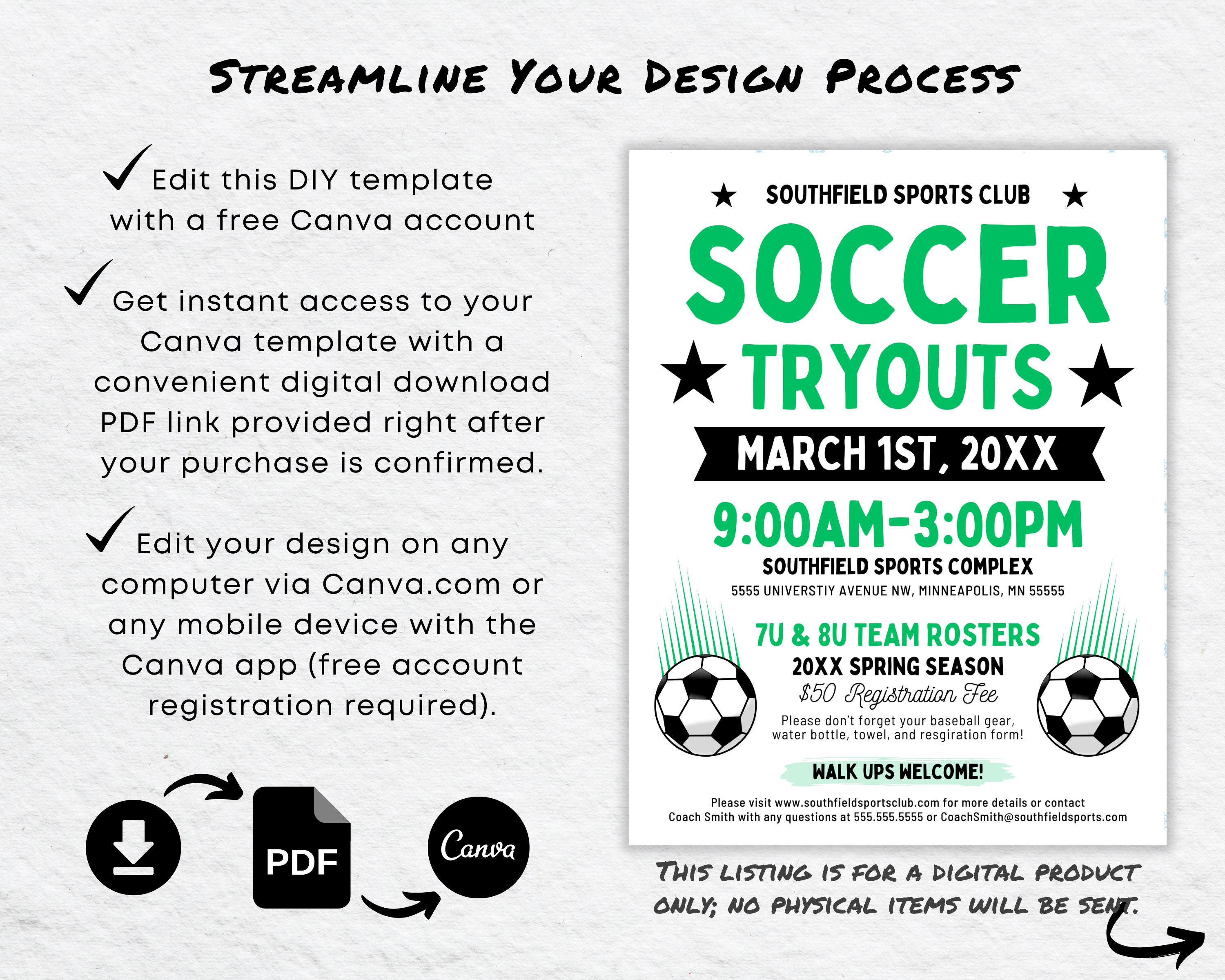Editable Soccer Tryout Flyer, Sports Registration Event, Canva Template ...