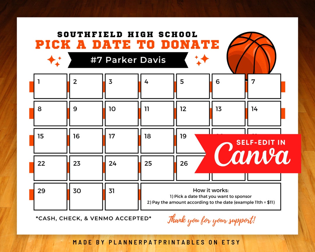 Editable Basketball Calendar Pick A Date to Donate Fundraiser Canva ...