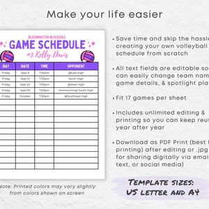 Editable Volleyball Schedule - Sports Practice & Game Calendar (canva ...